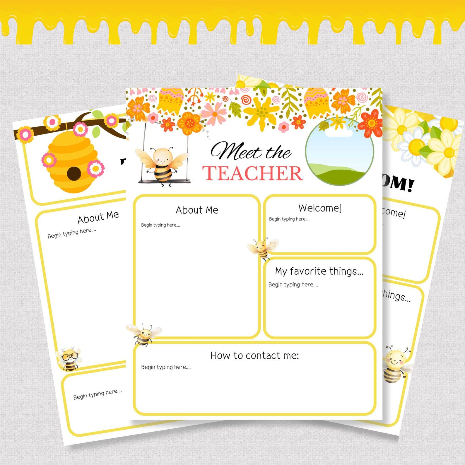 MEET THE TEACHER Bee Theme Newsletter Templates, Canva Template for ...