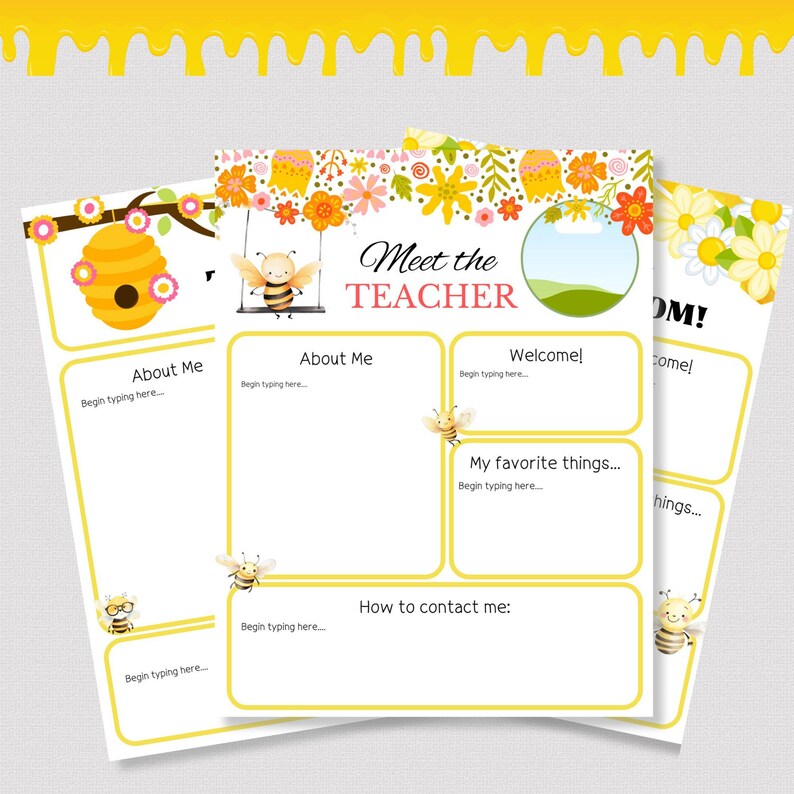 MEET THE TEACHER Bee Theme Newsletter Templates, Canva Template for ...