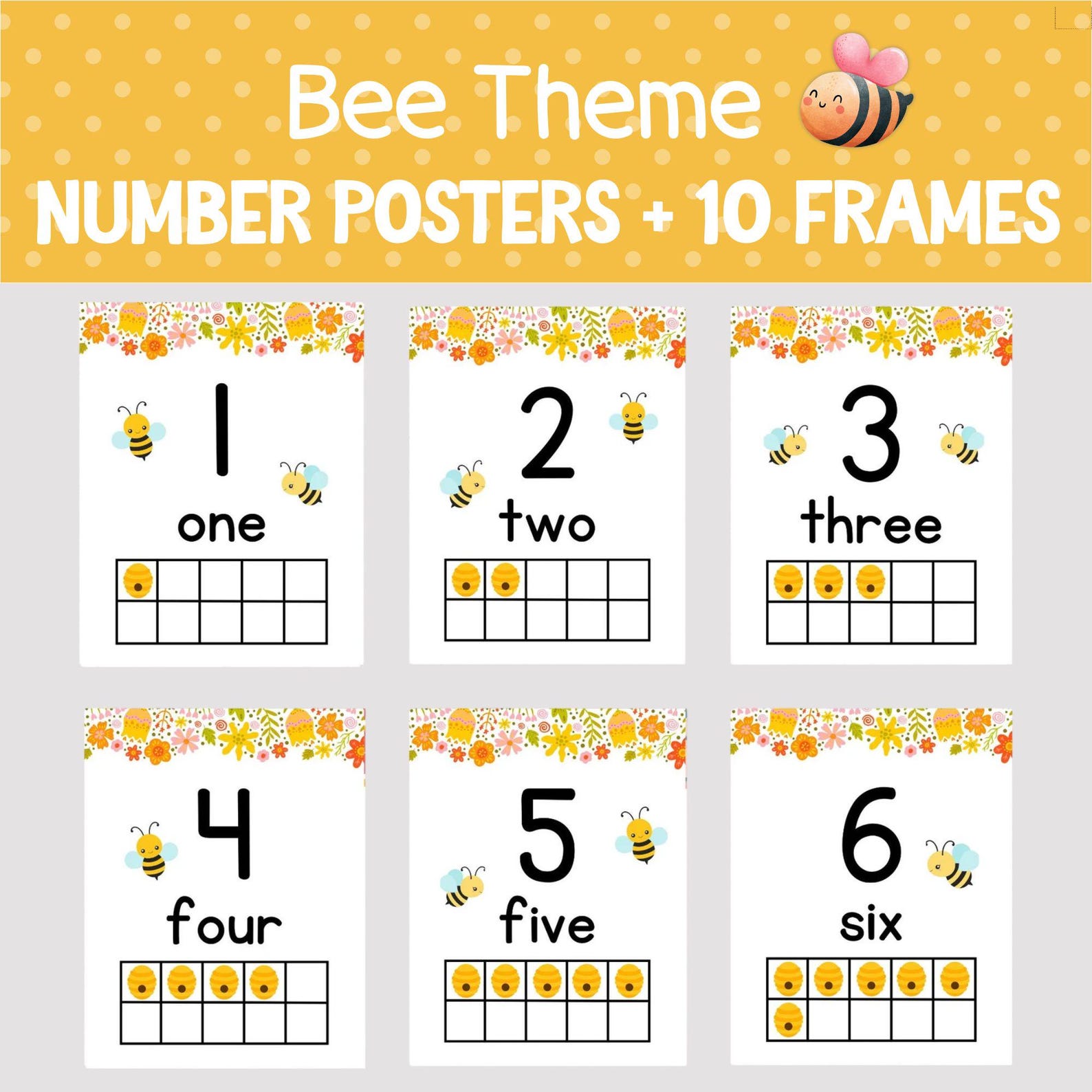 BEE THEME NUMBER Posters, Printable Honey Bee Theme, Numbers 1-20 ...