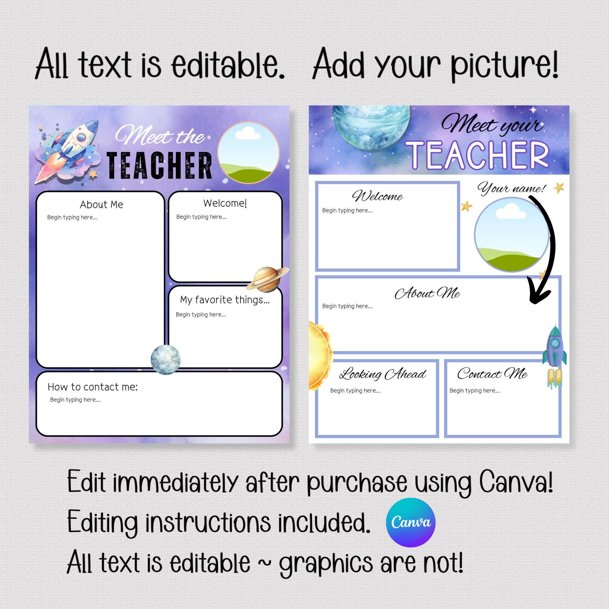 MEET THE TEACHER Space Theme Newsletter Templates, Canva Templates for ...