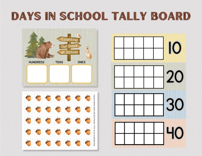 WOODLAND DAYS in SCHOOL Tally Board, Days at School Tally Posters, 100 ...