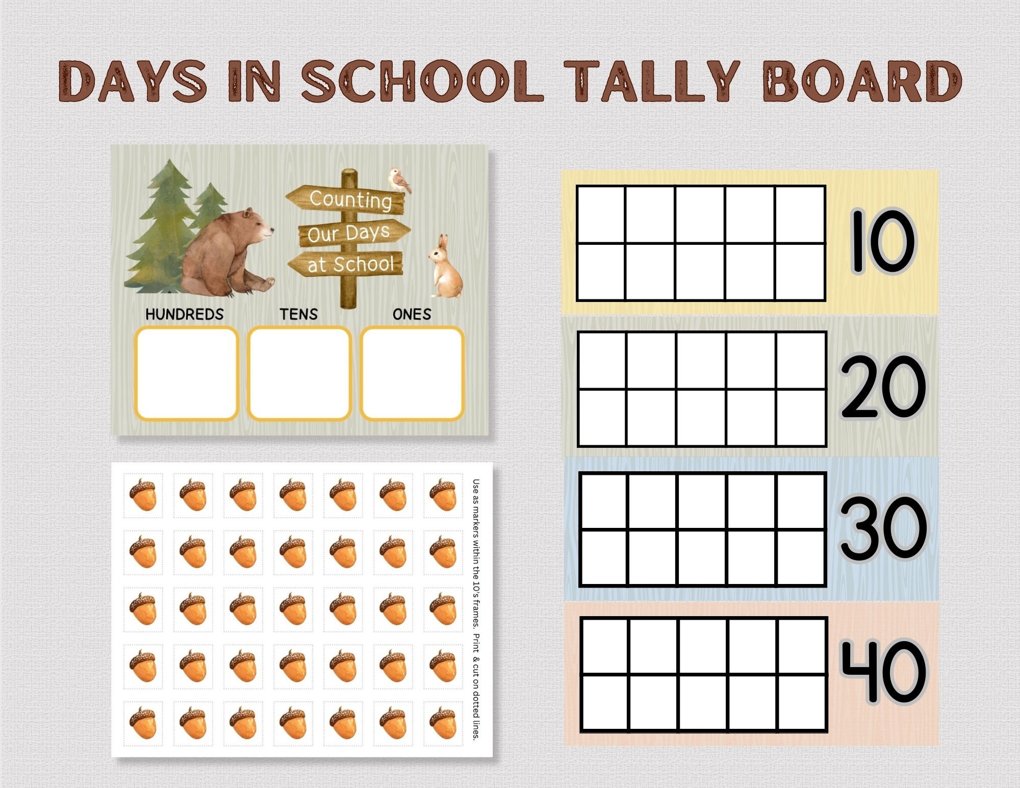 WOODLAND DAYS in SCHOOL Tally Board, Days at School Tally Posters, 100 ...