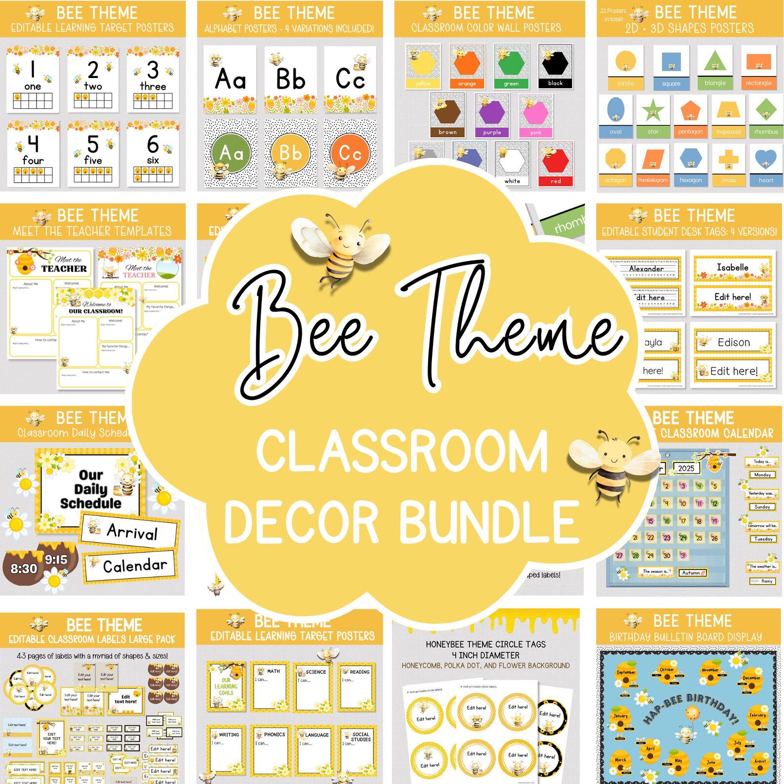 BEE THEME CLASSROOM Decor Bundle, Printable Honeybee Theme Classroom ...