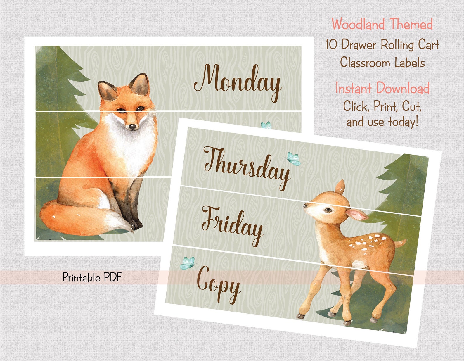 PRINTABLE ROLLING CART Drawer Labels, Editable Woodland Theme Classroom ...