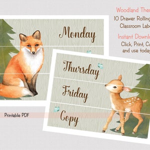PRINTABLE ROLLING CART Drawer Labels, Editable Woodland Theme Classroom ...