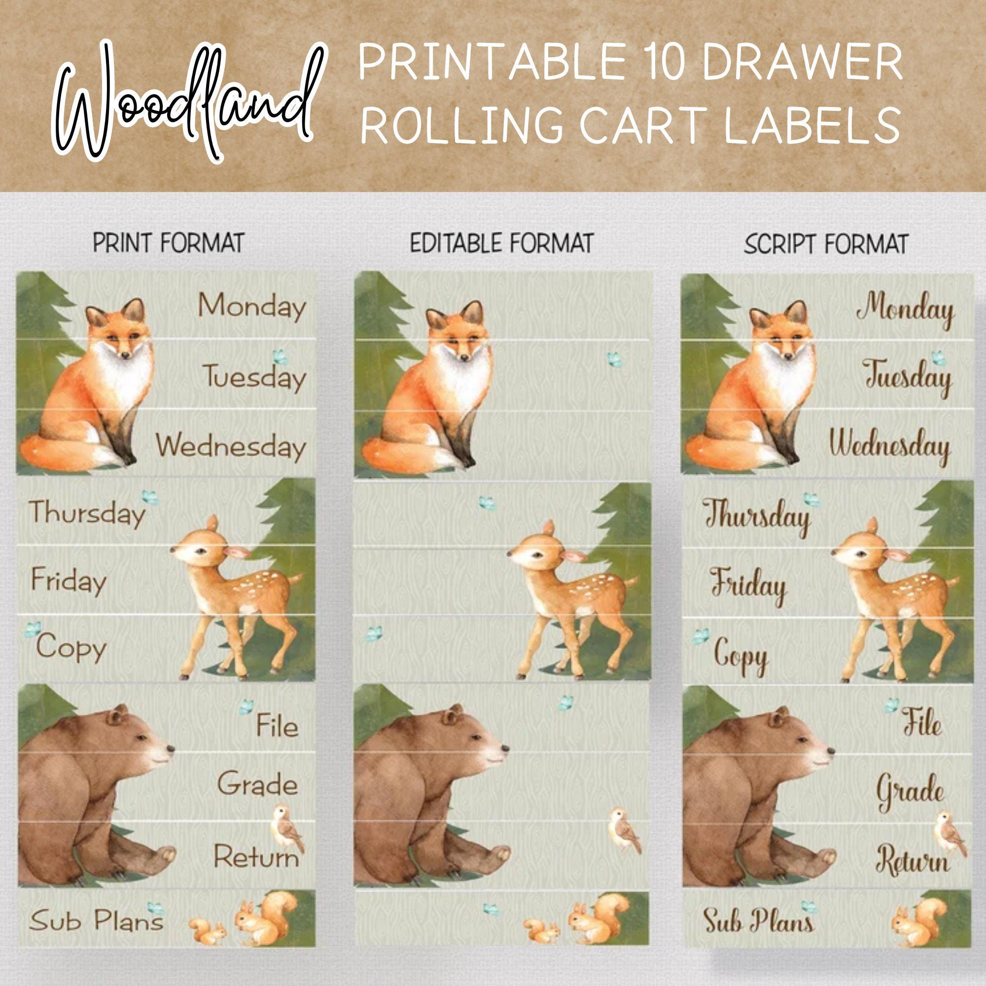 PRINTABLE ROLLING CART Drawer Labels, Editable Woodland Theme Classroom ...