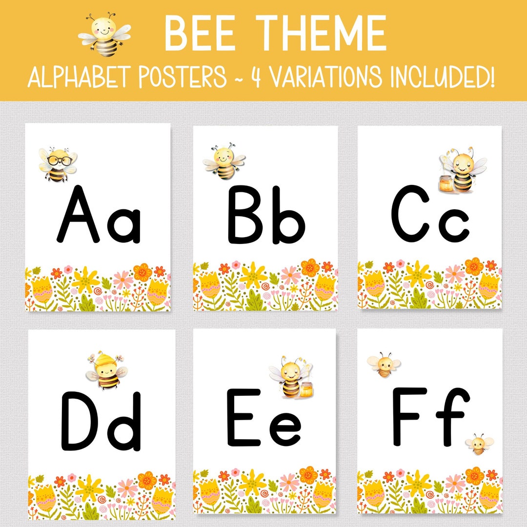 BEE THEME ALPHABET Posters, Printable Honey Bee Alphabet, 4 Versions ...