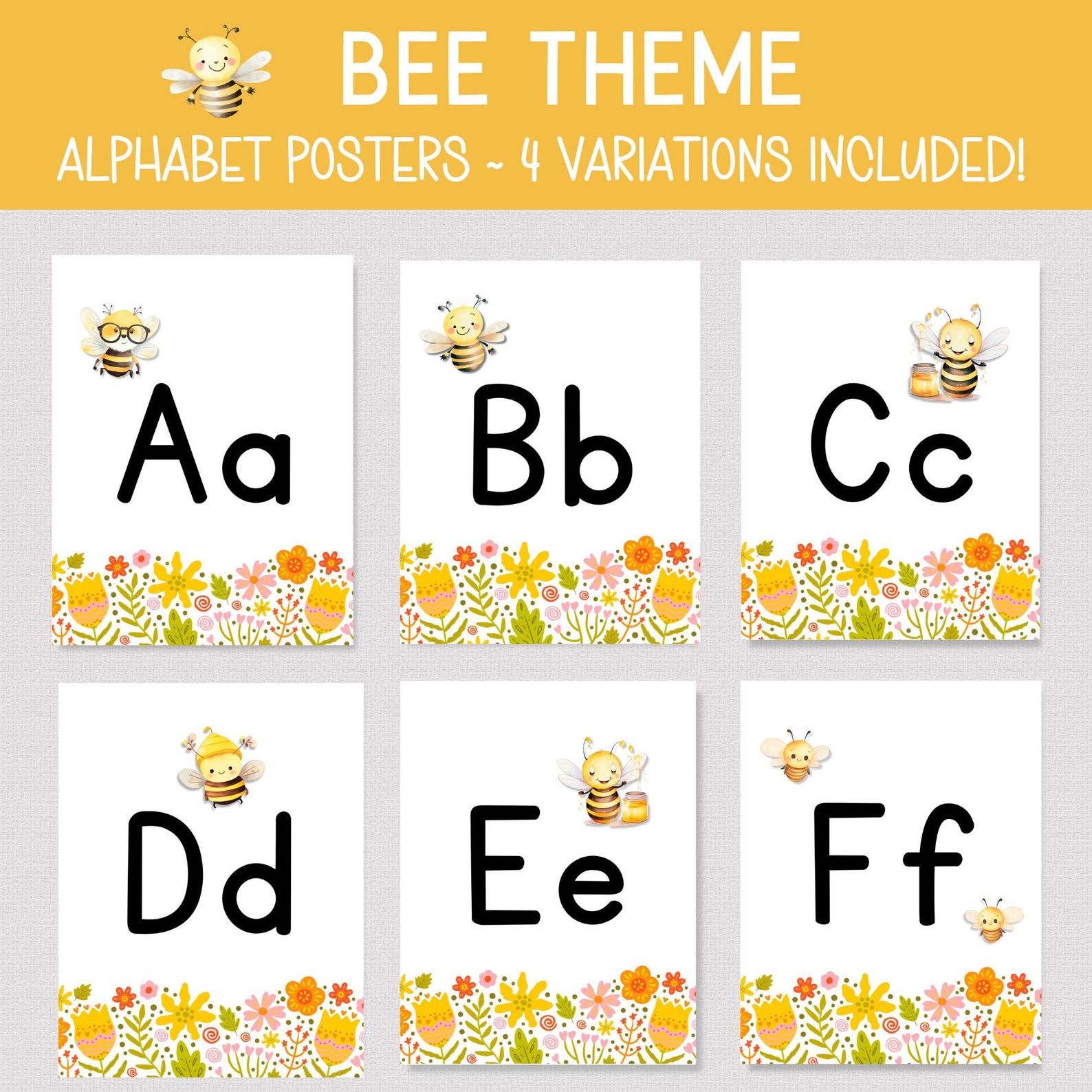 BEE THEME ALPHABET Posters, Printable Honey Bee Alphabet, 4 Versions ...