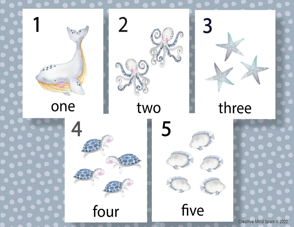 NUMBER FLASHCARDS 1-10, Printable Ocean Animal Number Cards, Under the ...