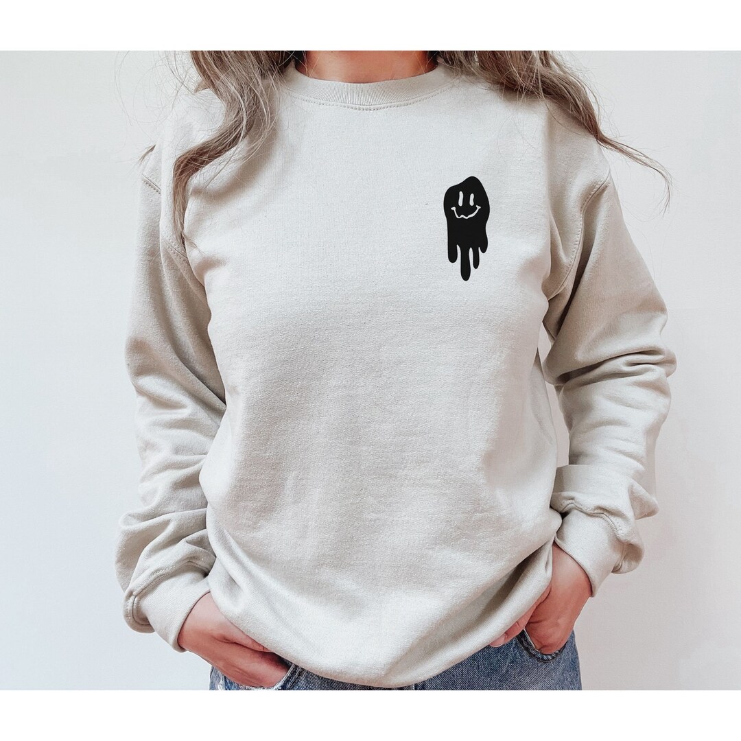 Pocket Melting Smiley Face Sweatshirt, Happy Face Sweatshirt, Dark ...