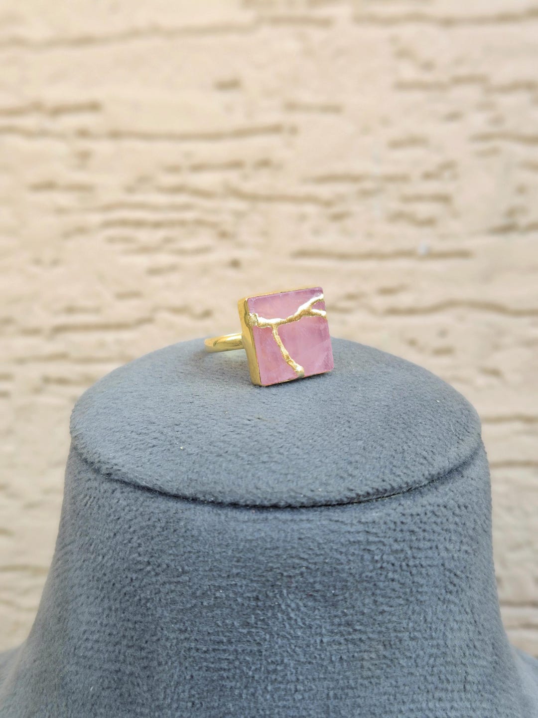 Kintsugi Rose Quartz Ring: 22k Gold Plated Brass, Wabi-sabi Gemstone ...