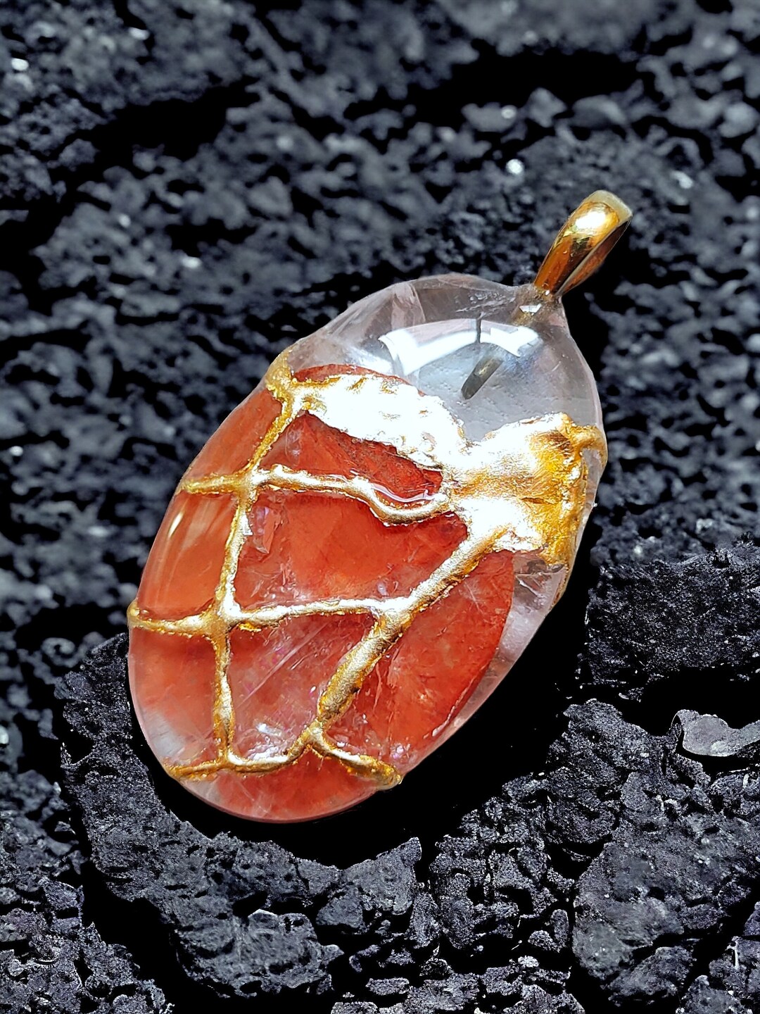 KINTSUGI NECKLACE CRYSTAL Japanese Art Deco Jewelry Handmade Engraved ...