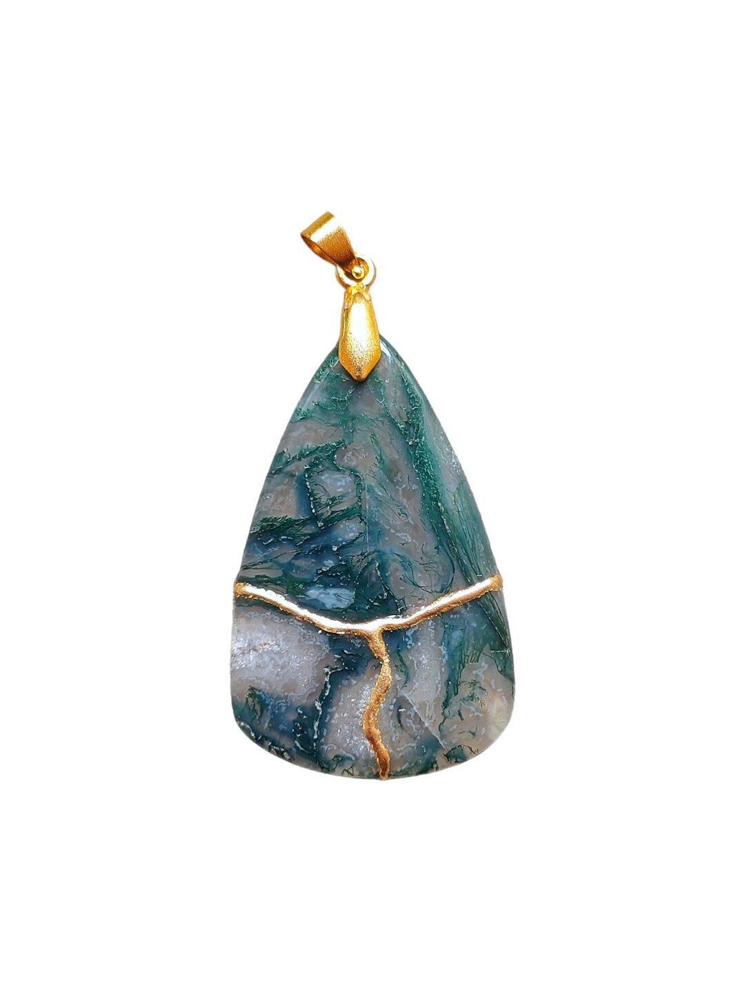 Kintsugi Repaired Green Moss Agate Pendant - Stunning Japanese Artistry ...