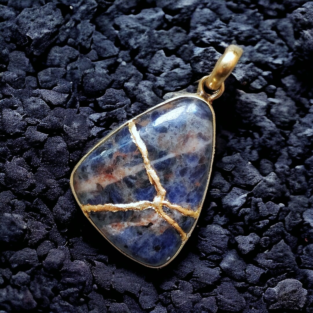 Wabi Sabi Sodalite Pendant: Kintsugi Repaired Gemstone Necklace Unique ...