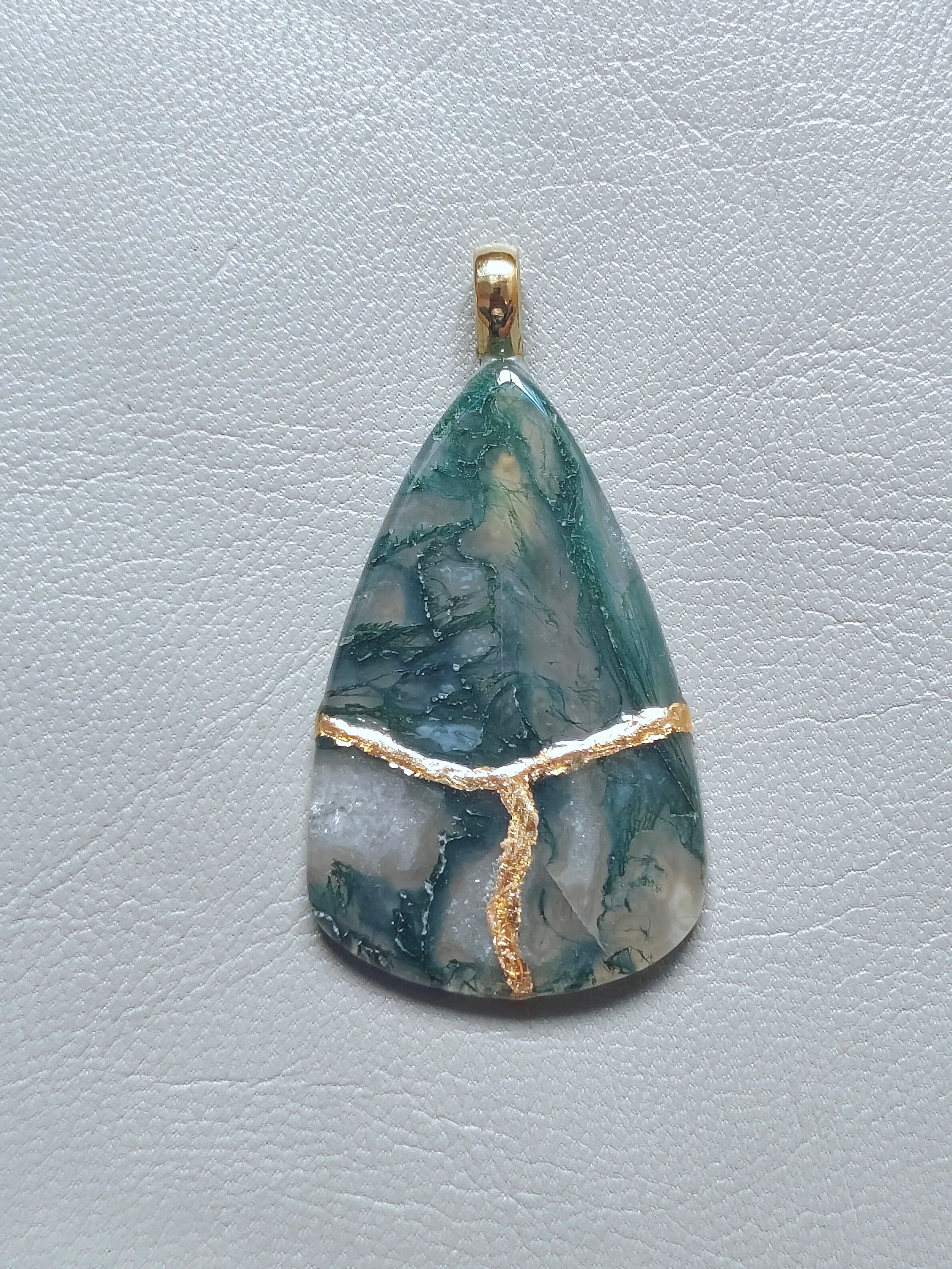 Kintsugi Repaired Green Moss Agate Pendant Stunning Japanese Artistry ...
