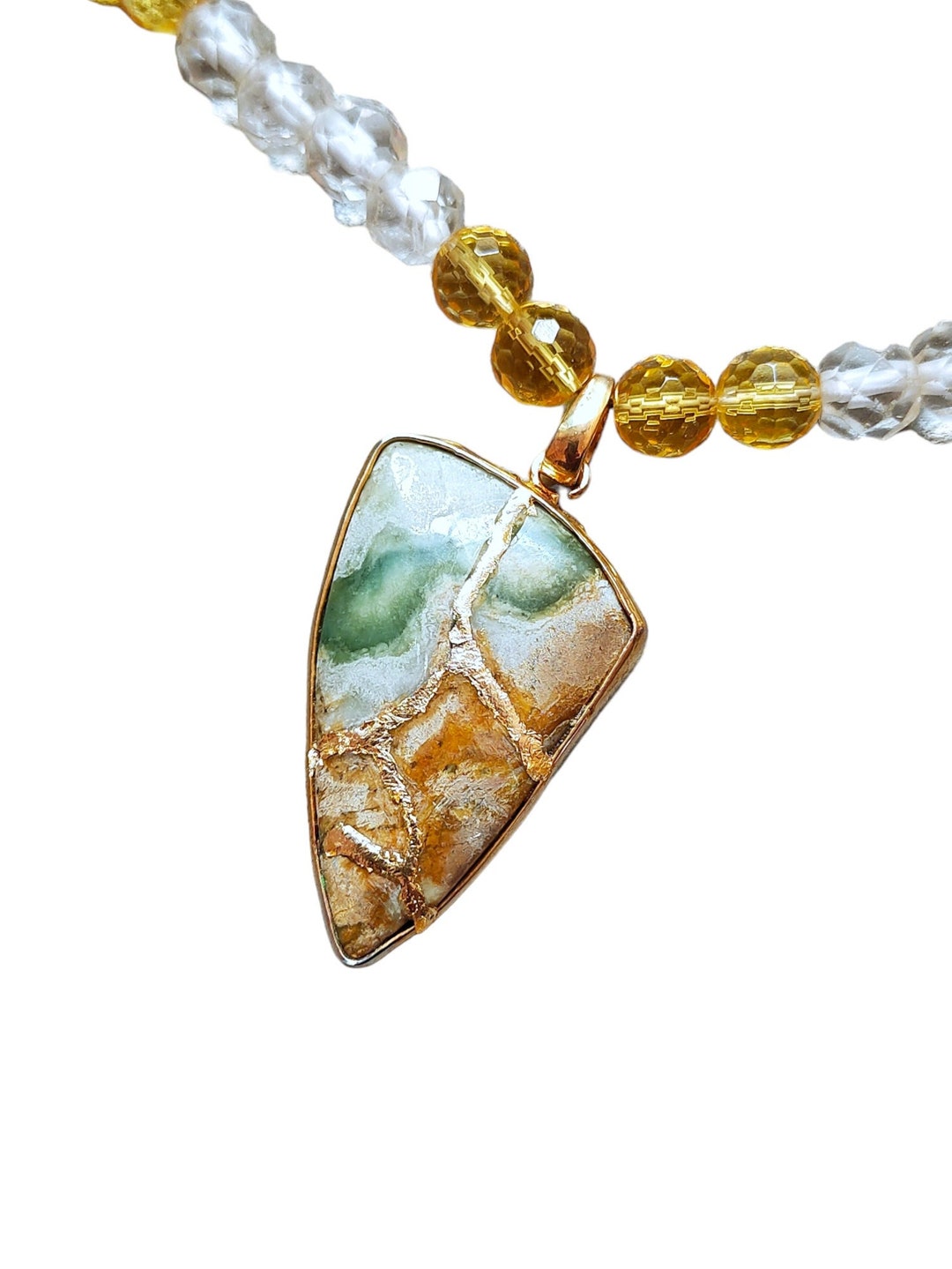 Kintsugi Necklace Green Moss Agate Gemstone With Quartz Crystal Beads ...
