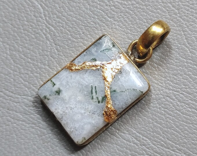 Kintsugi Kintsukuroi Beautiful Moss Agate Stone Pendant Repaired With ...