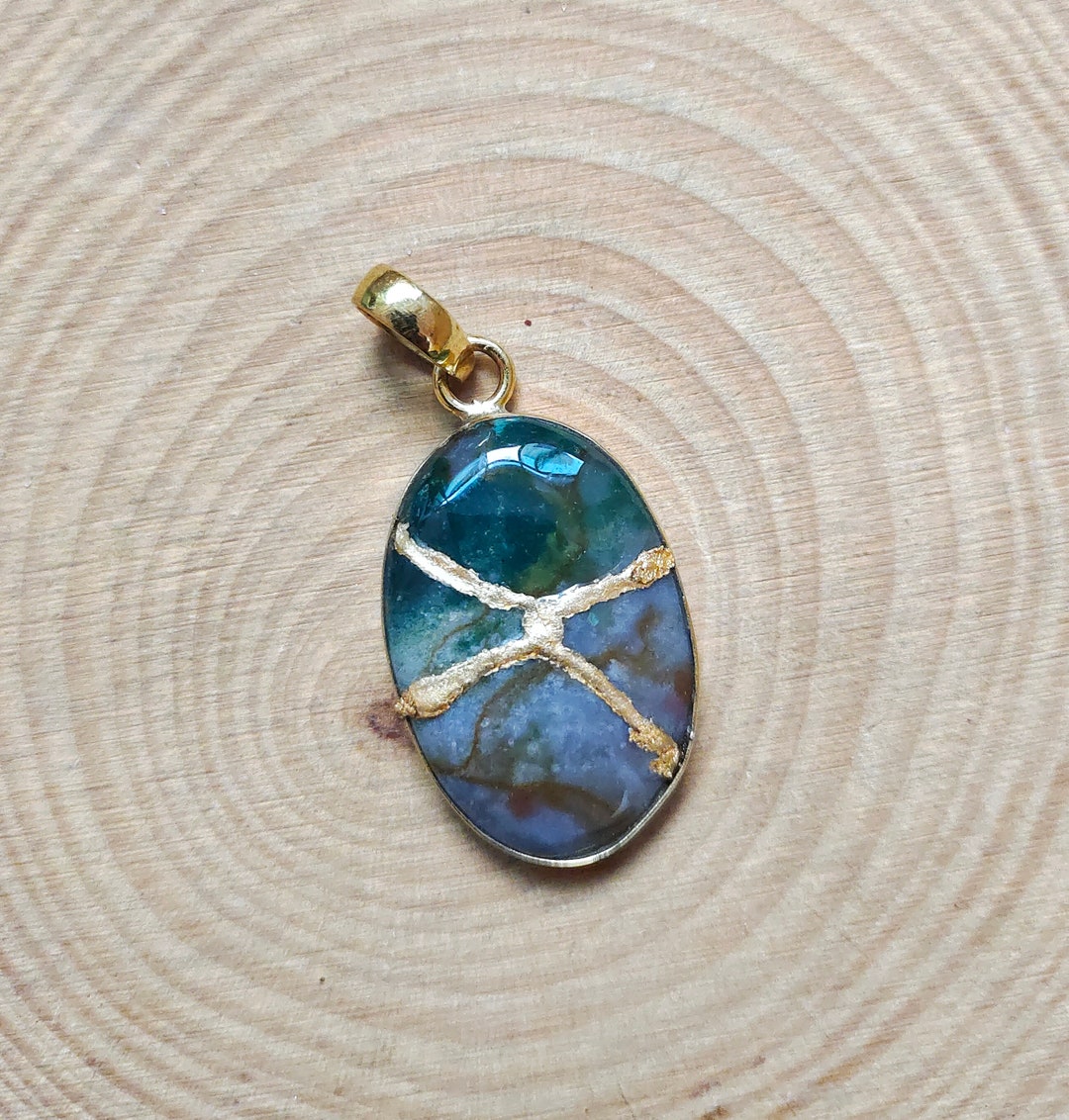 Kintsugi Kintsukuroi Beautiful Green Moss Agate Stone Pendant - Etsy