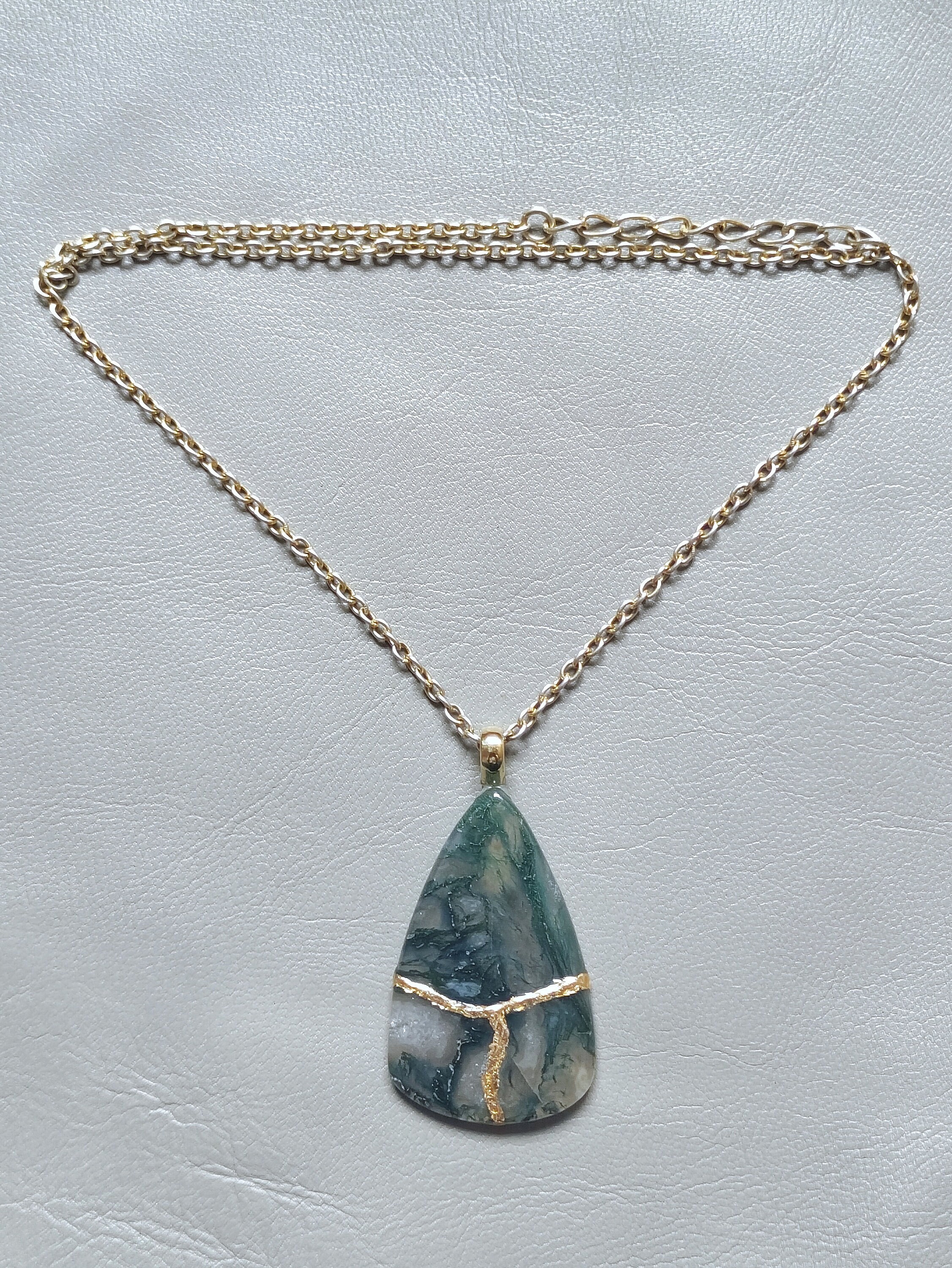 Kintsugi Repaired Green Moss Agate Pendant Stunning Japanese Artistry ...