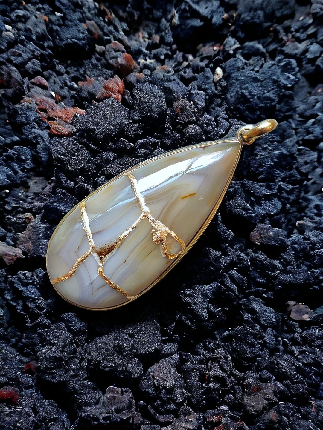AGATE NECKLACE KINTSUGI Art Japanese Jewelry Handmade Gold Necklace ...