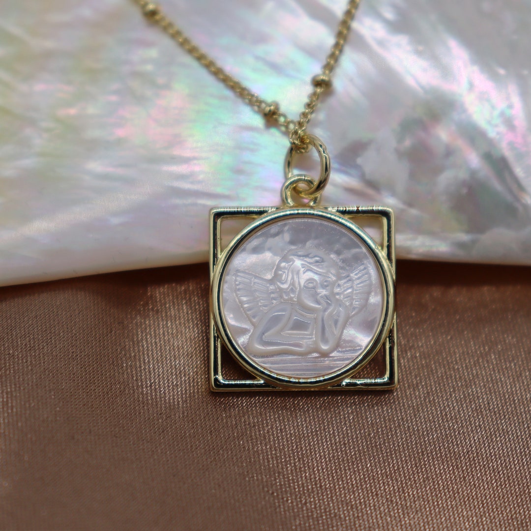 Gold Plated White Mother of Pearl Sea Shell Cupid Angel Square Pendant ...