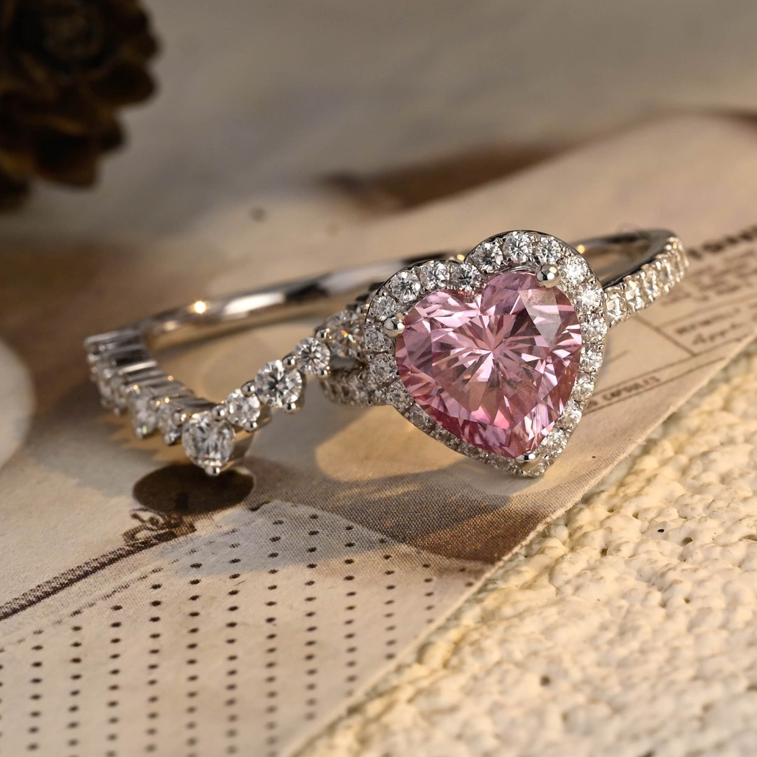 Heart Cut Pink Moissanite Engagement Ring Set 9K/14K/18K - Etsy