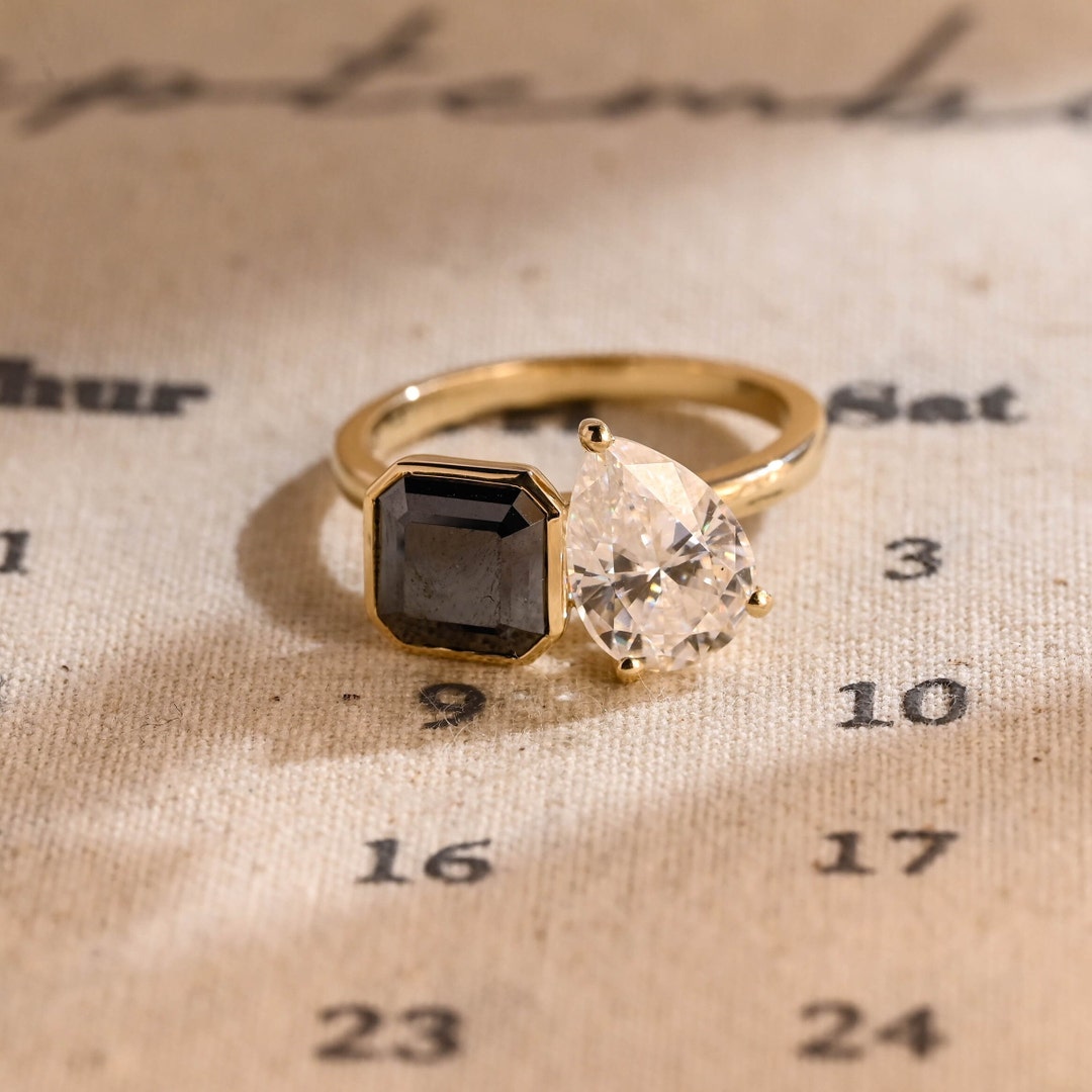 Bezel Toi Et Moi Pear&black Asscher Moissanite Engagement Ring, Solid ...