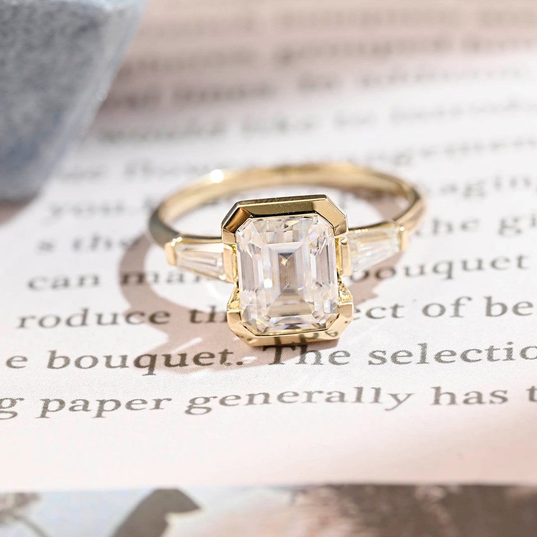 Three Stone Emerald Cut Moissanite Engagement Ring, Solid Gold Half ...
