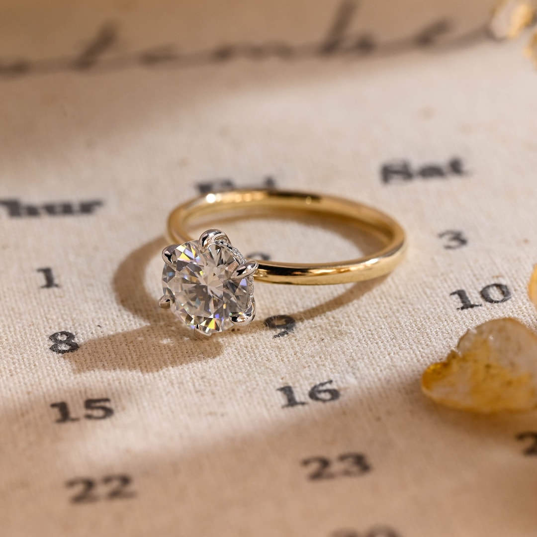 Hidden Halo Two Tone Round Moissanite Engagement Ring, Solitaire Round ...