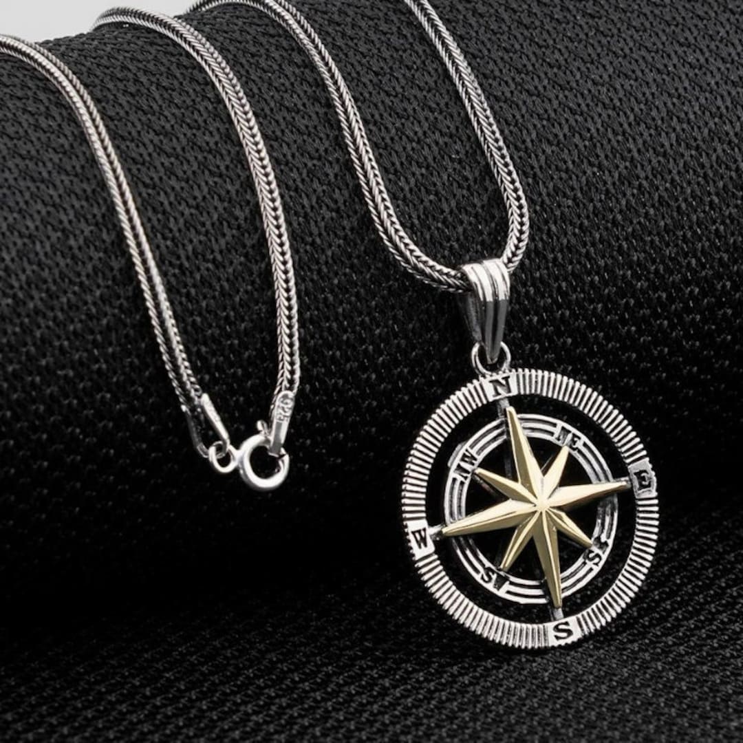 925 Sterling Silver Compass Necklace, Men Silver Necklace,women Silver ...