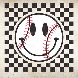 Retro Checkered Baseball Smiley Face PNG SVG - Game Day Shirt Design ...