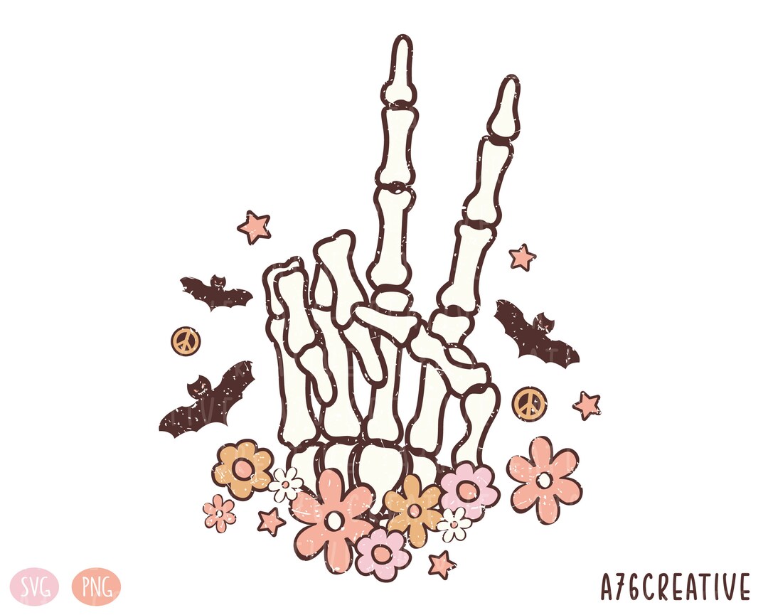 Halloween Skelton Peace Sign Png Svg, Cute Halloween Skeleton PNG ...