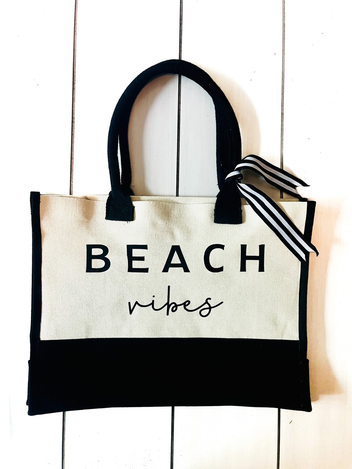 The beach Vibes Black and White Classy Tote With Elegant Ribbon ...