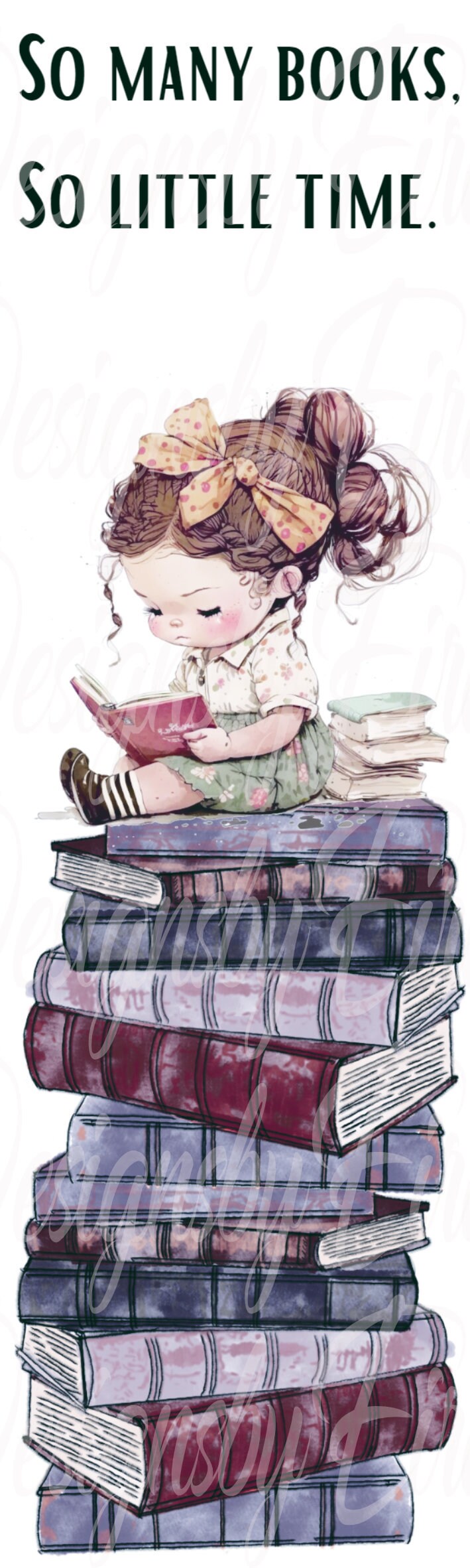 Little Girl Sitting Reading Books Stack Bookmark Design Digital Print ...