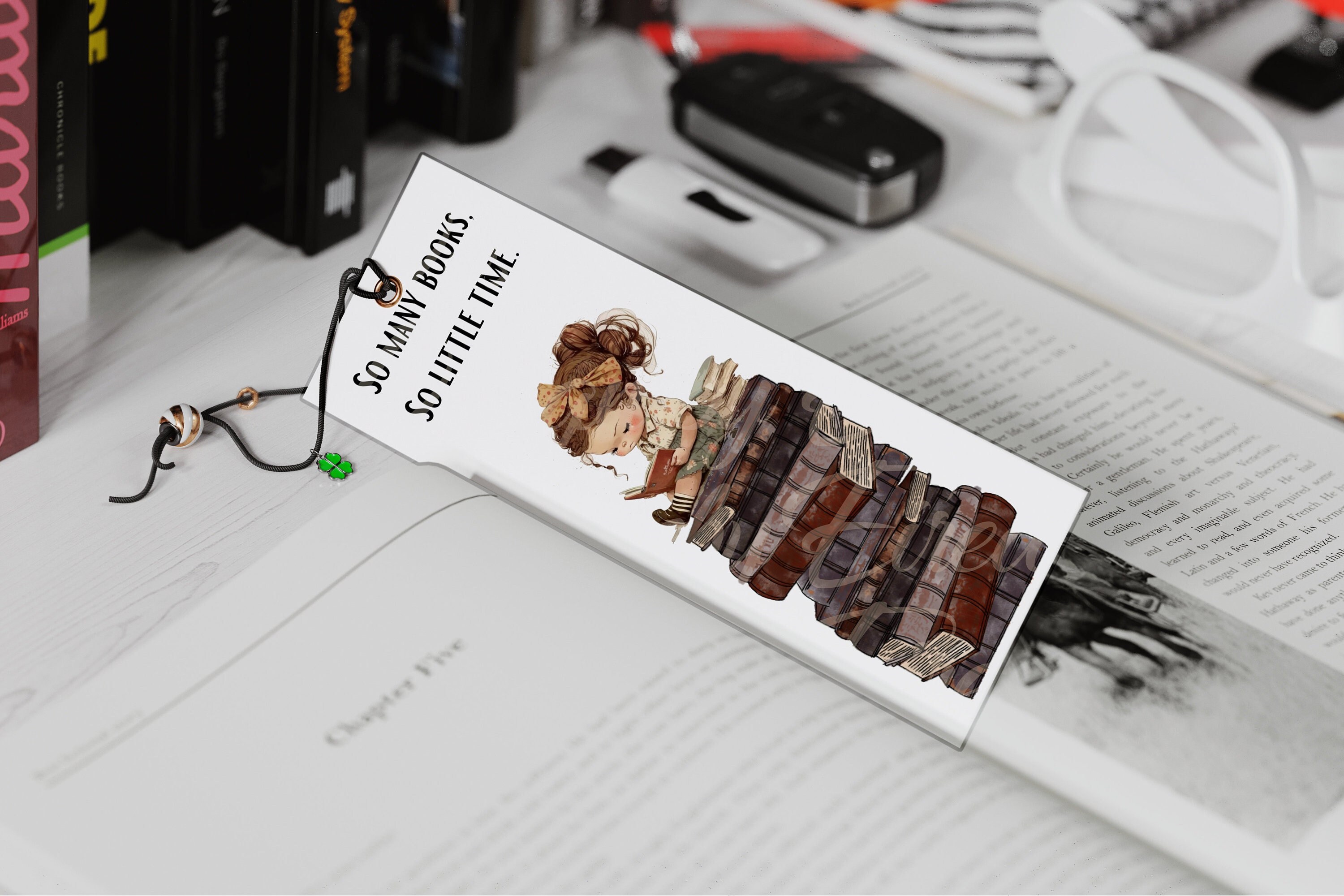 Little Girl Sitting Reading Books Stack Bookmark Design Digital Print ...