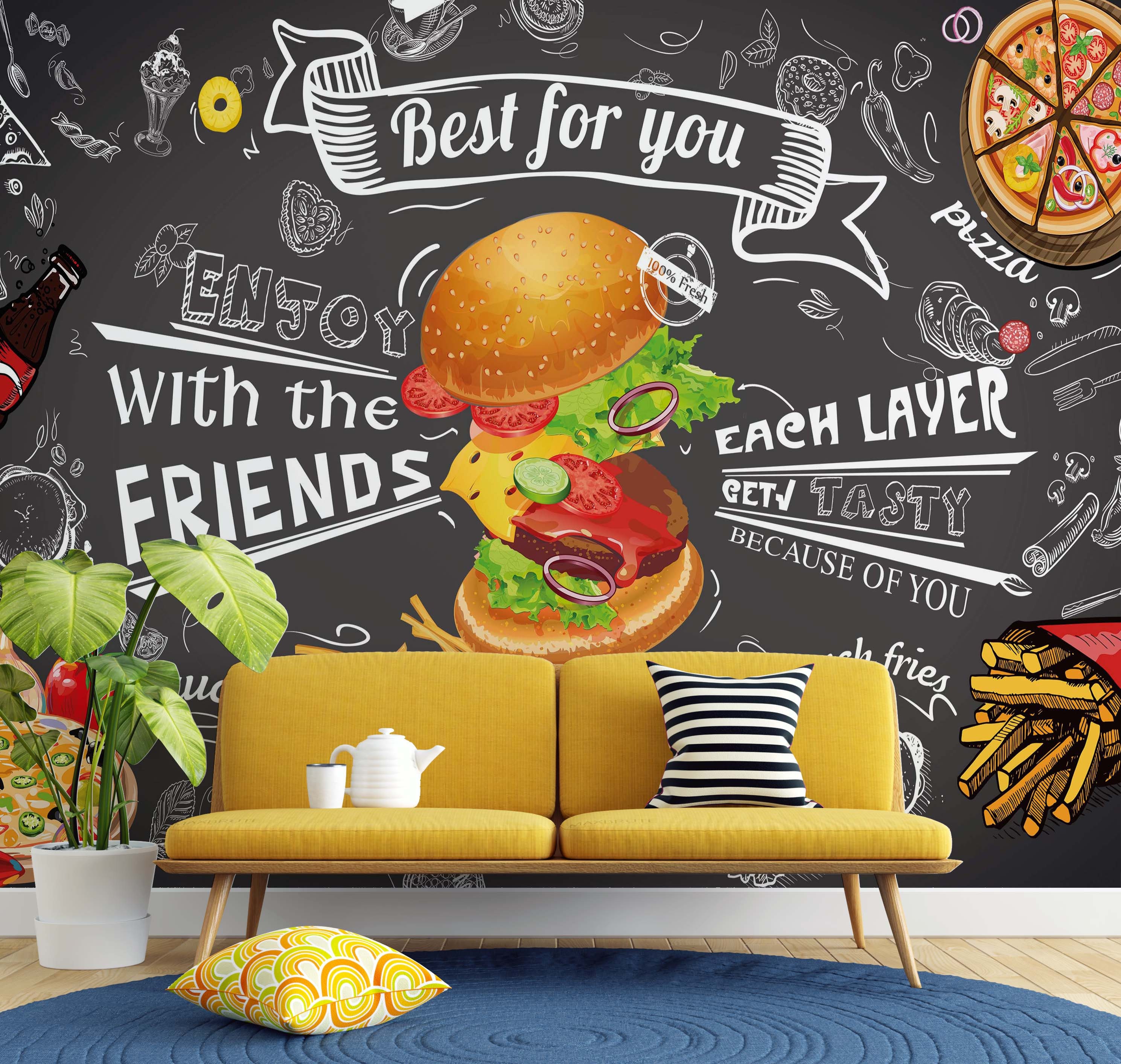 FASTFOOD RESTAURANT WALLPAPER. Hamburger Wallpaper. Cafe Mural. Custom ...