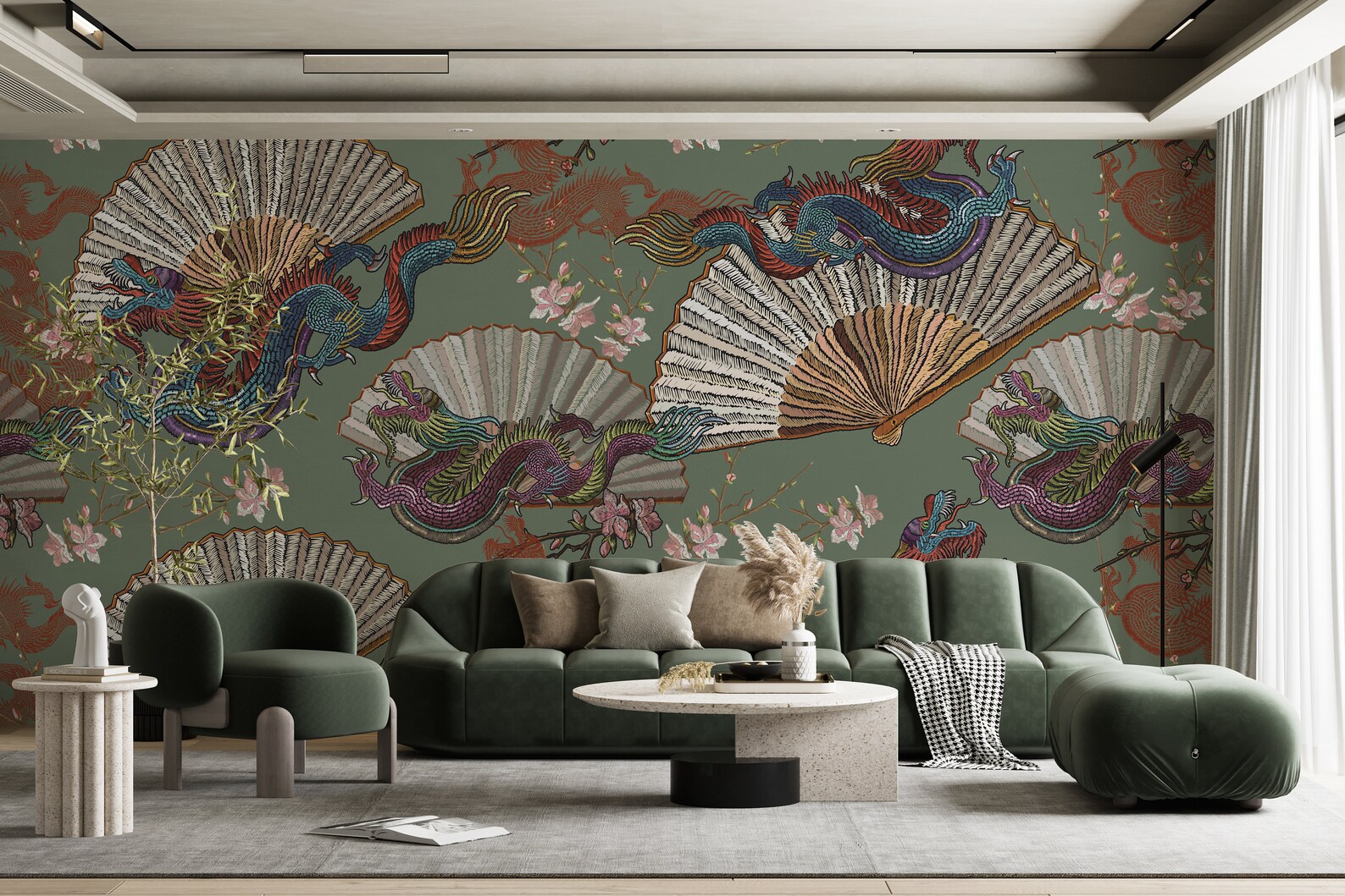 ASIAN DRAGON WALLPAPER. Japanese Wallpaper. Dragons and Fan - Etsy