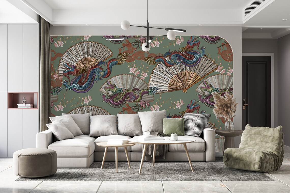 ASIAN DRAGON WALLPAPER. Japanese Wallpaper. Dragons and Fan - Etsy