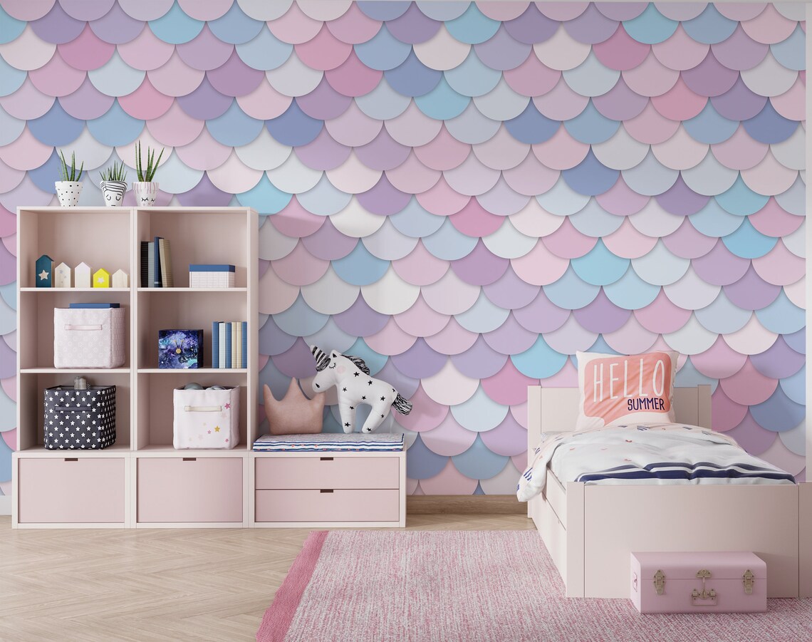 MERMAID GIRL WALLPAPER. Colored Fish Scale Nursery Wallpaper. - Etsy