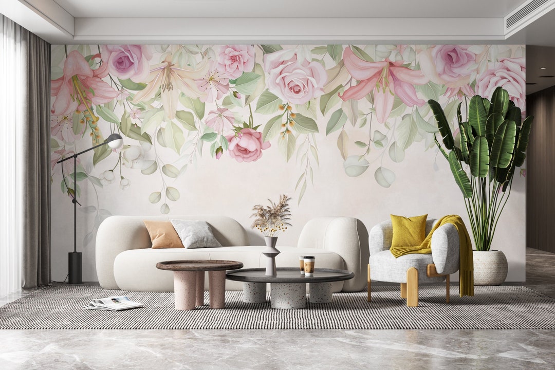 BIG FLOWERS WALLPAPER. Roses Wallpaper. Pastel Colours Flowers Mural ...