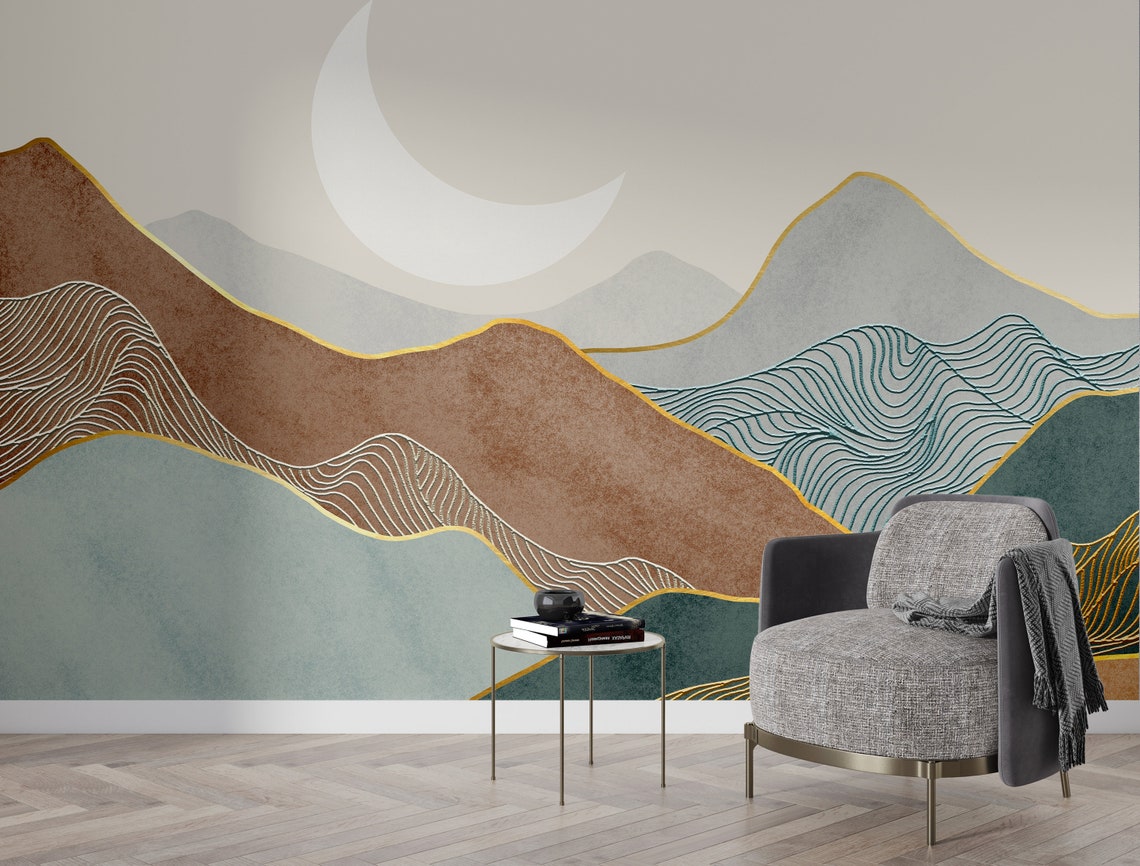 BOHO JAPANESE WALLPAPER Mountains Mural Japanes Contemporary Wall Decor ...