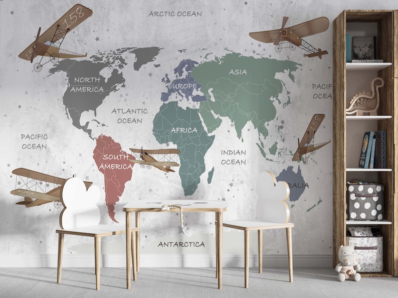 Vintage Airplane World Map Wallpaper: Kids Nursery Mural - Etsy Australia