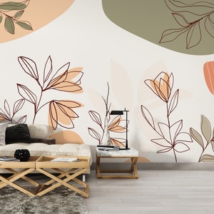 LINEART BOHO WALLPAPER. Abstract Mural. Floral Wallpaper. Bohemian ...