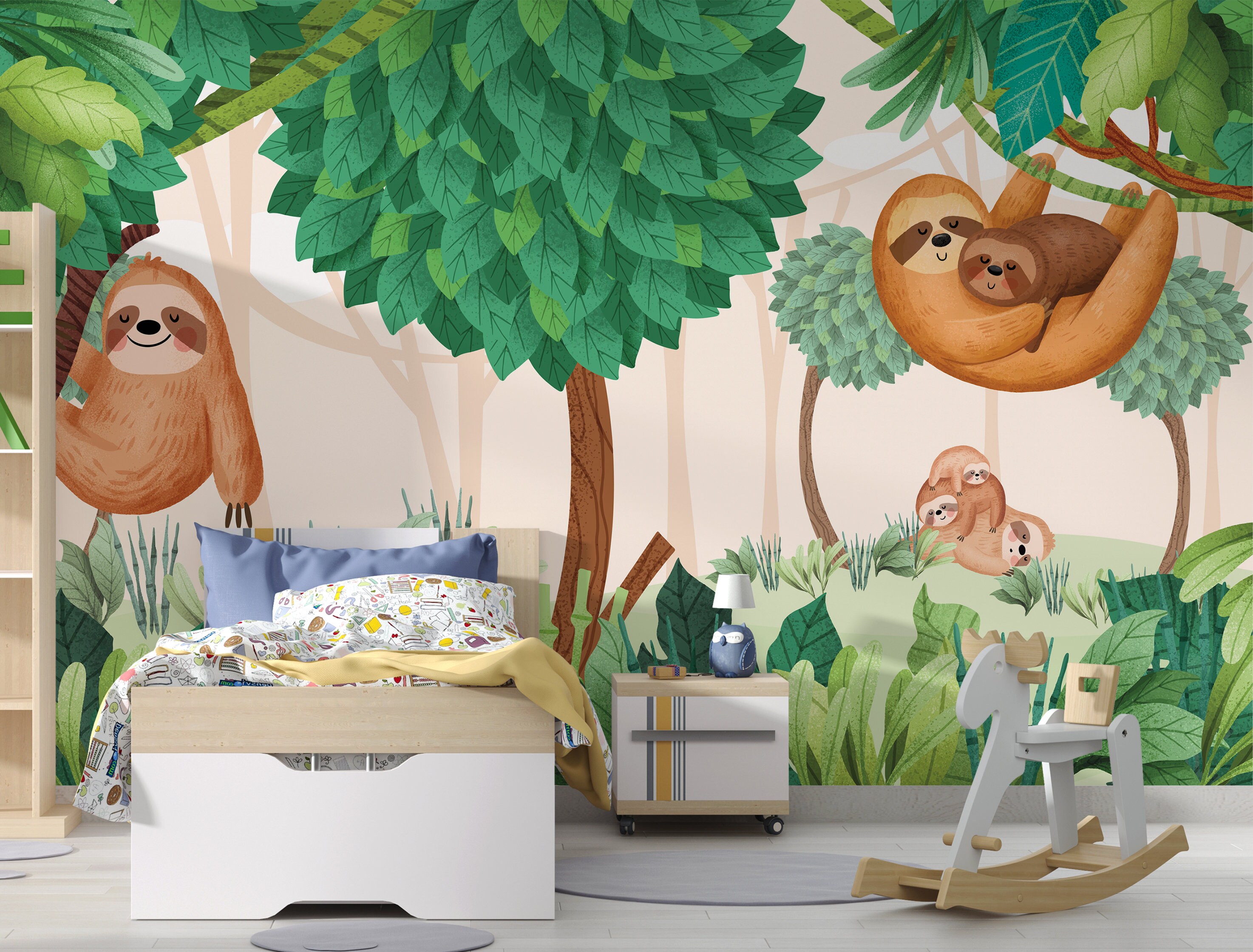 SLOTH FAMILY WALLPAPER. Watercolour Forest Nursery Wallpaper ...