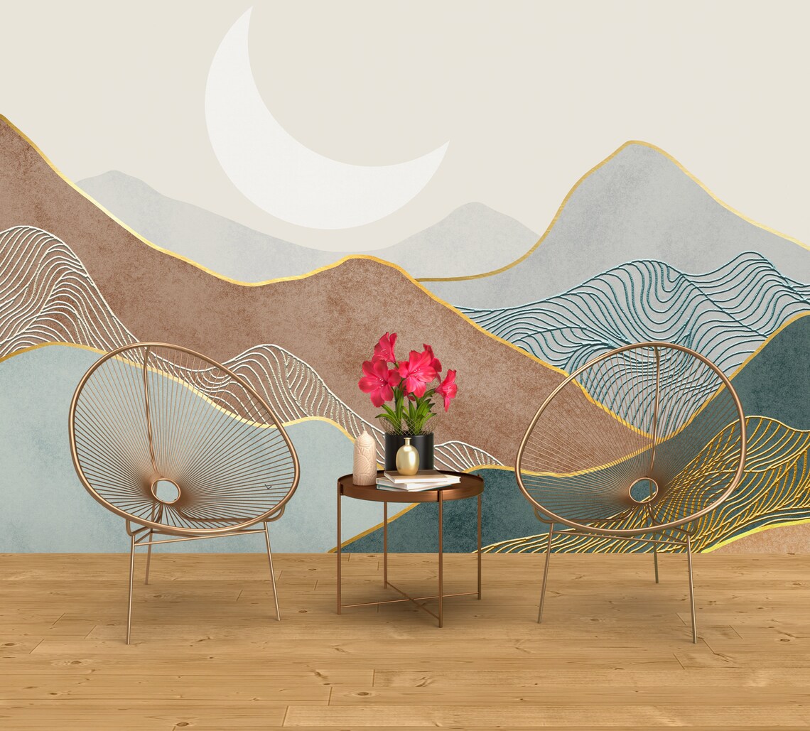 BOHO JAPANESE WALLPAPER Mountains Mural Japanes Contemporary Wall Decor ...