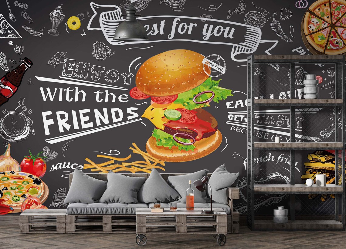 FASTFOOD RESTAURANT WALLPAPER. Hamburger Wallpaper. Cafe Mural. Custom ...