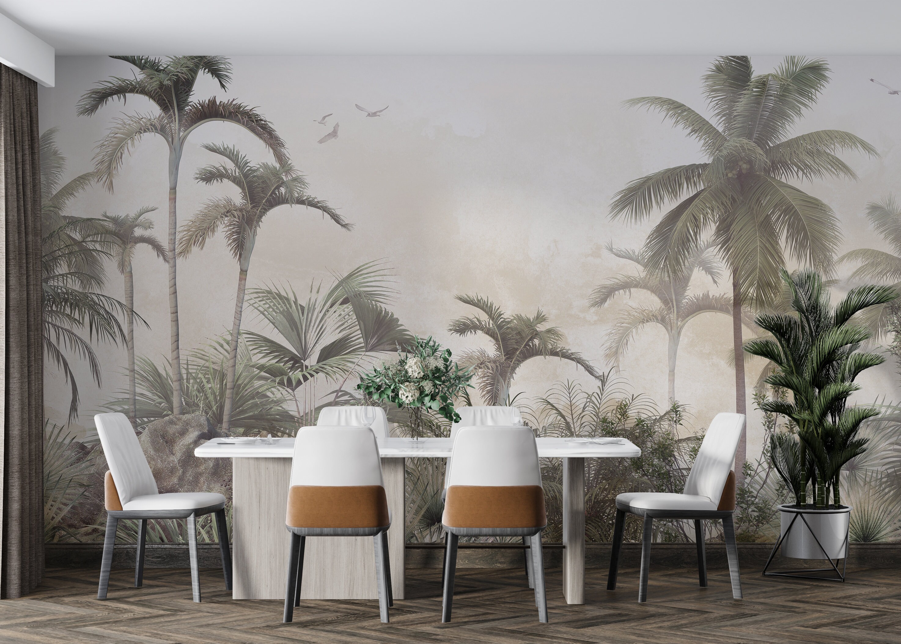 TROPICAL FOREST WALLPAPER. Trees Wallpaper. Vintage Tropical Mural ...