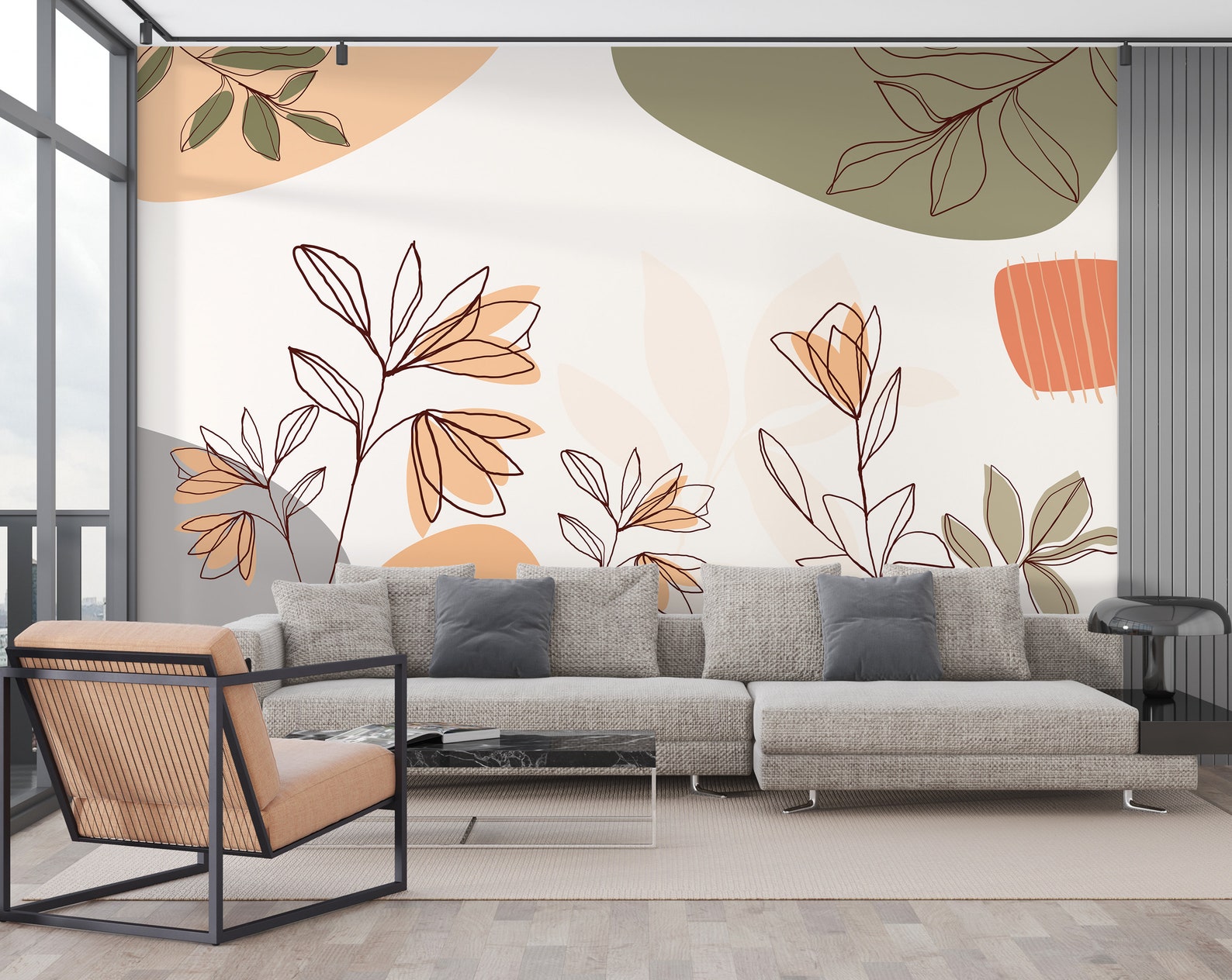 LINEART BOHO WALLPAPER. Abstract Mural. Floral Wallpaper. - Etsy