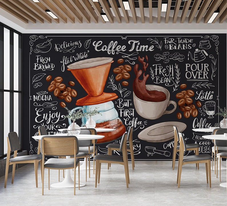 COFFEE TIME WALLPAPER. Fastfood Cafe Wallpaper. Cafe Mural. Retro Style ...