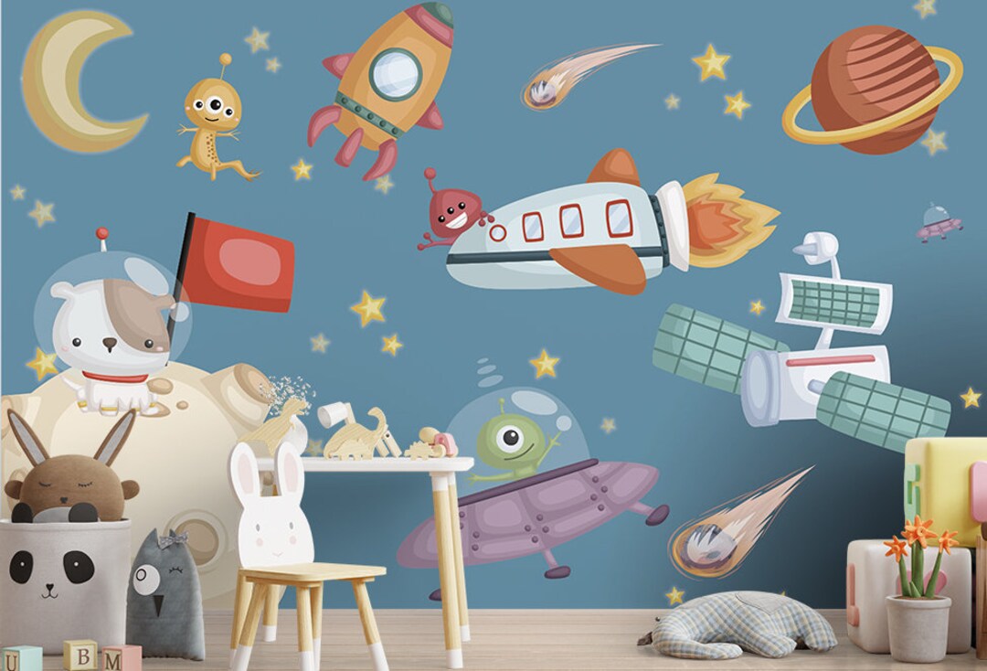 SPACE KIDS WALLPAPER. Planets, Moon Wallpaper. Ufo Kids Mural ...